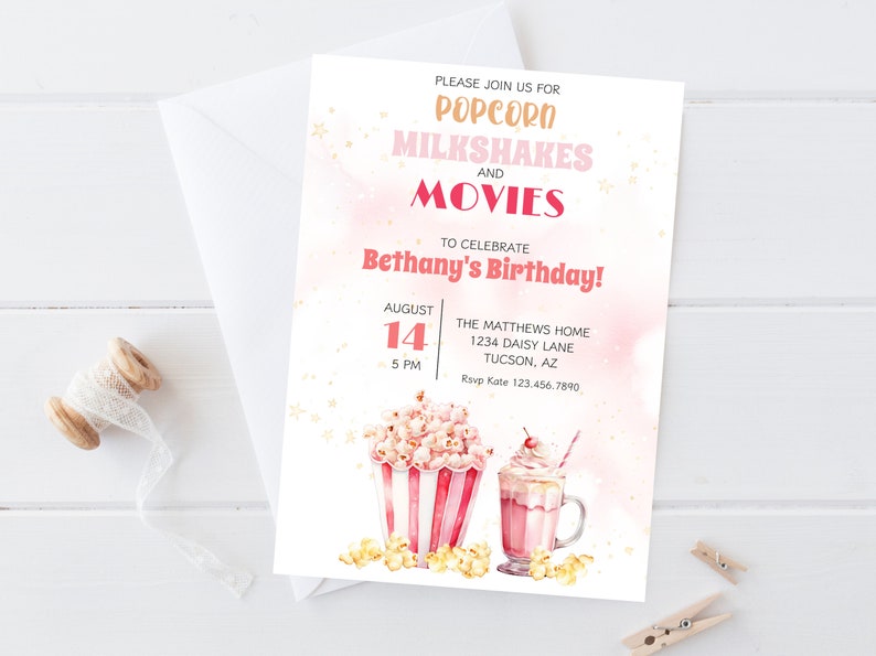 Popcorn and Movie Birthday Invitation, Milkshake & Movie Birthday ...