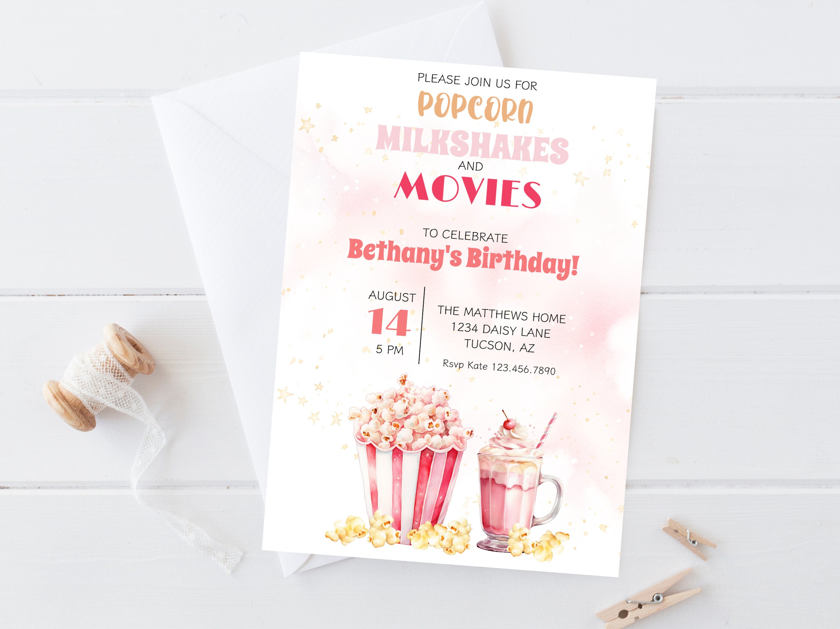 Popcorn and Movie Birthday Invitation, Milkshake & Movie Birthday ...