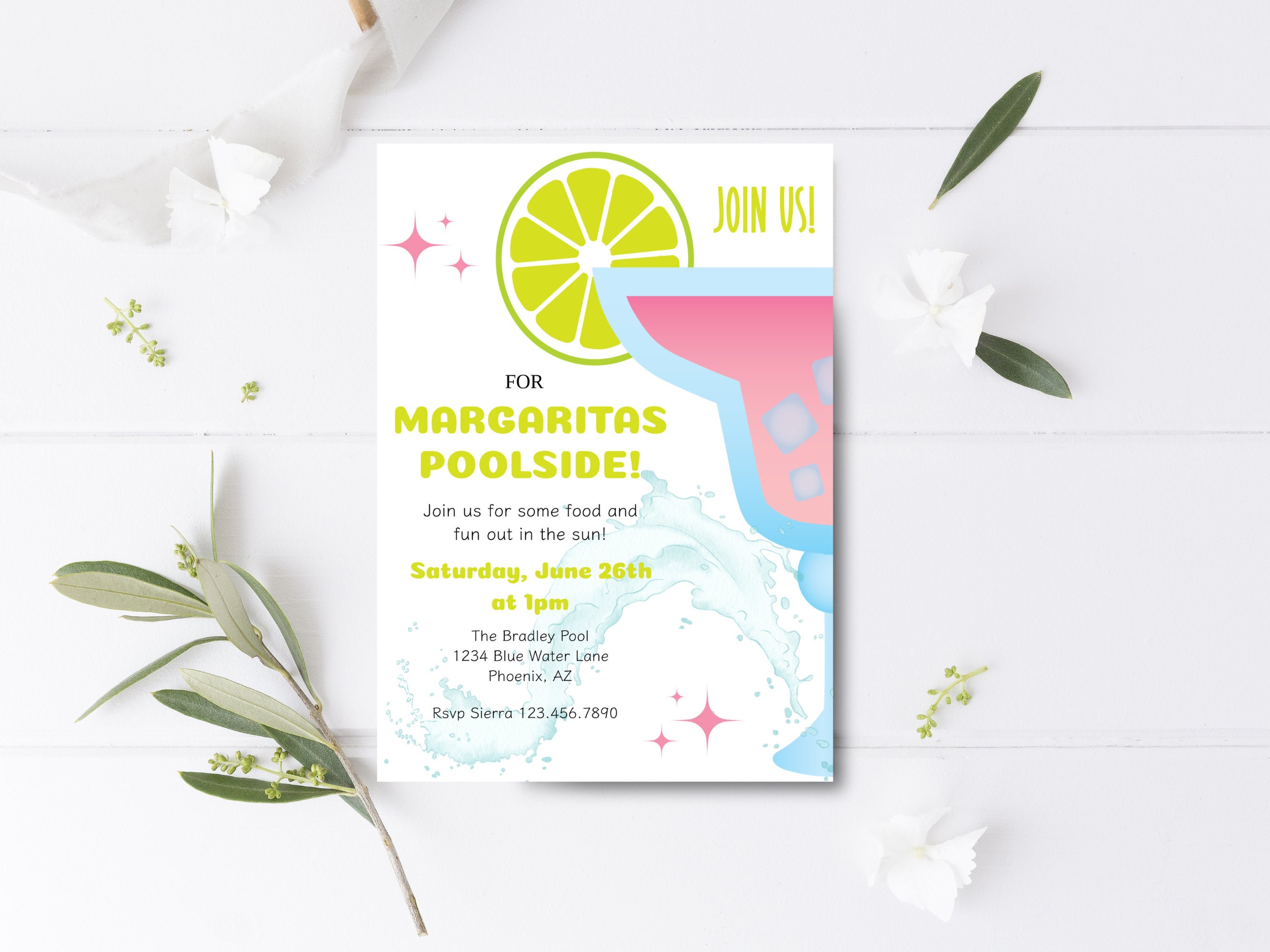 Margaritas Poolside Party Invitation, Editable Adult Party Invitation ...