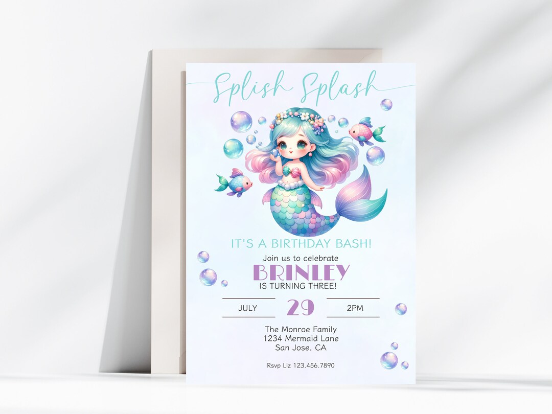 Splish Splash Mermaid Birthday Invitation, Cute Mermaid Party Invite ...