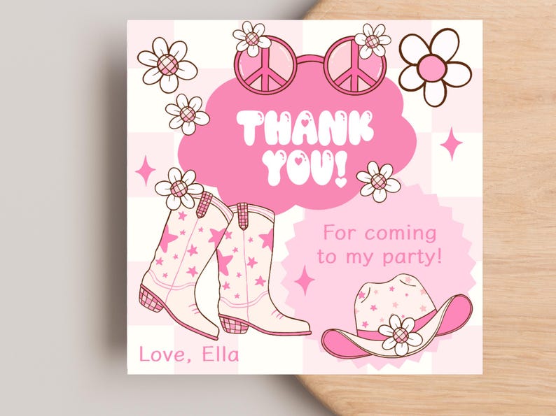 Disco Cowgirl Birthday Thank You Tag: Pink Groovy Favor (editable) - Etsy