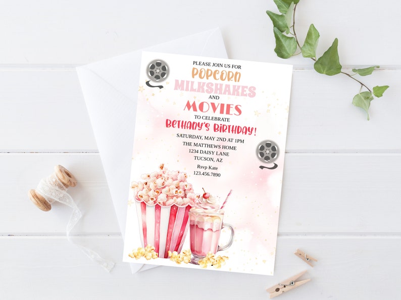 Popcorn and Movie Birthday Invitation, Movie Sleepover Birthday Invite ...