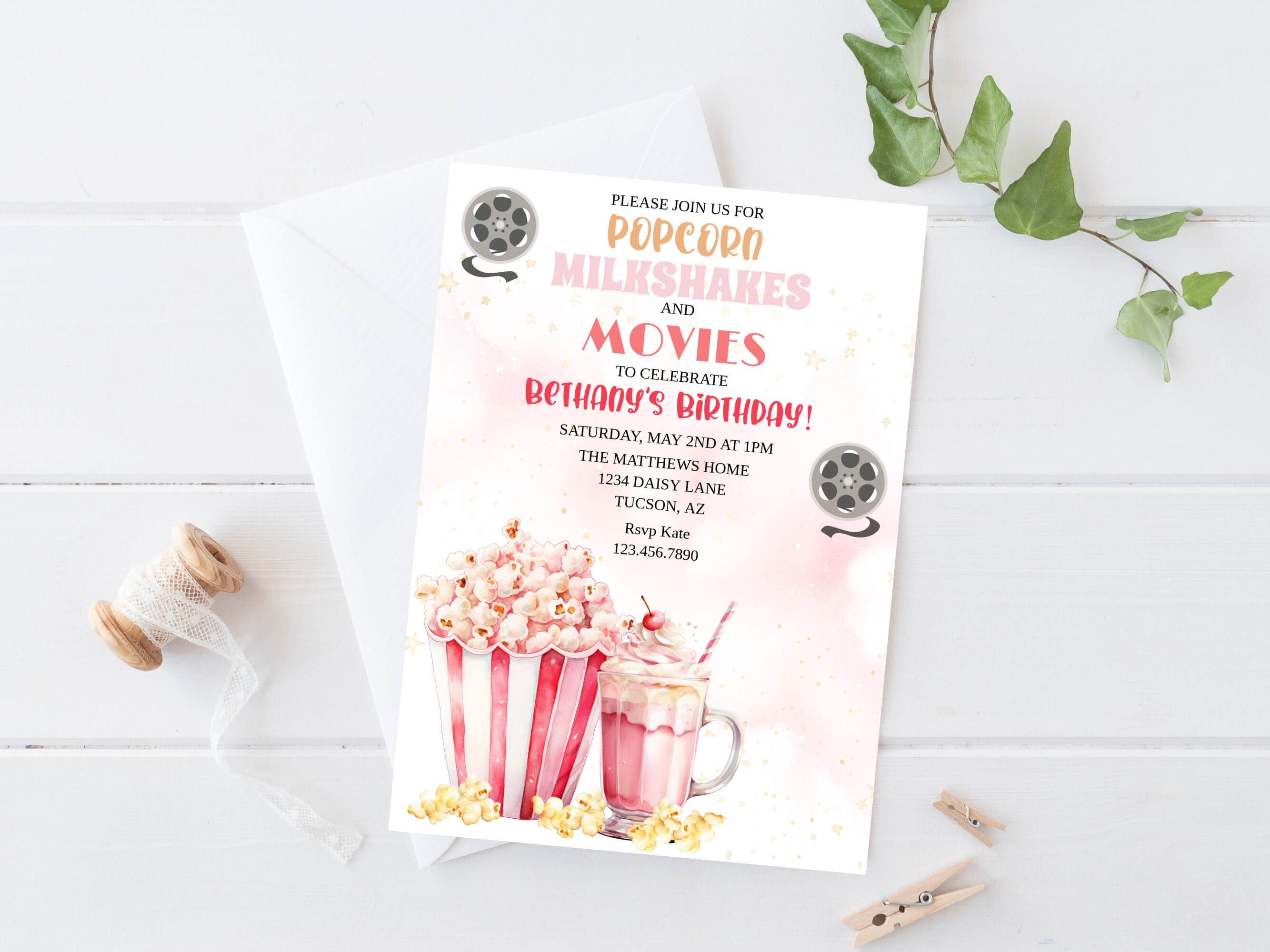 Popcorn and Movie Birthday Invitation, Movie Sleepover Birthday Invite ...
