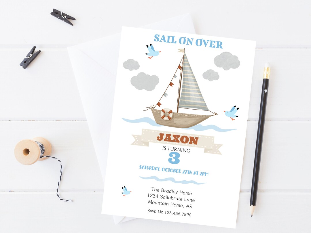 Little Sailor Birthday Invite, Printable Boating Birthday Invitation ...