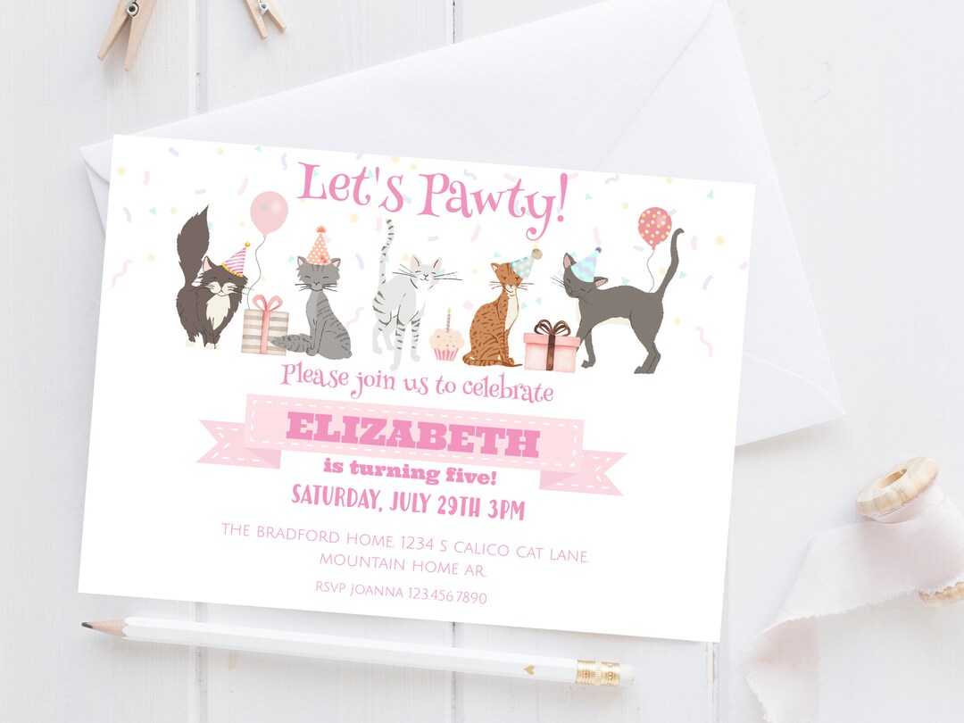 Invitación de cumpleaños de Party Cats, invitación editable de Kitty ...