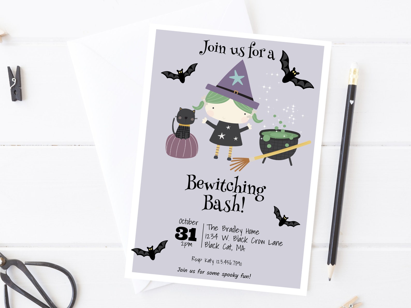 Little Witch Halloween Party Invite, Witches Cauldron & Cat Theme ...