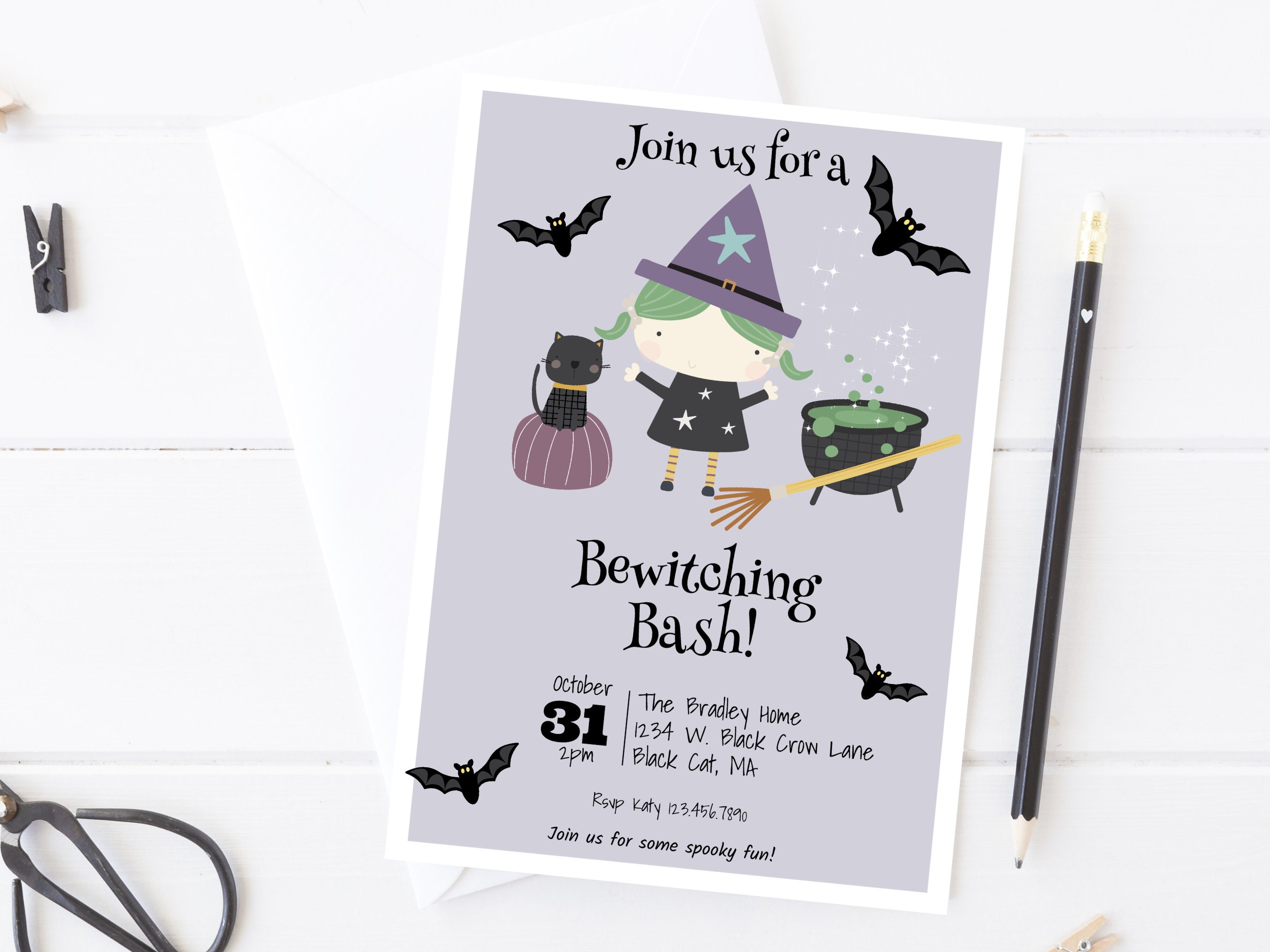 Little Witch Halloween Party Invite, Witches Cauldron & Cat Theme ...