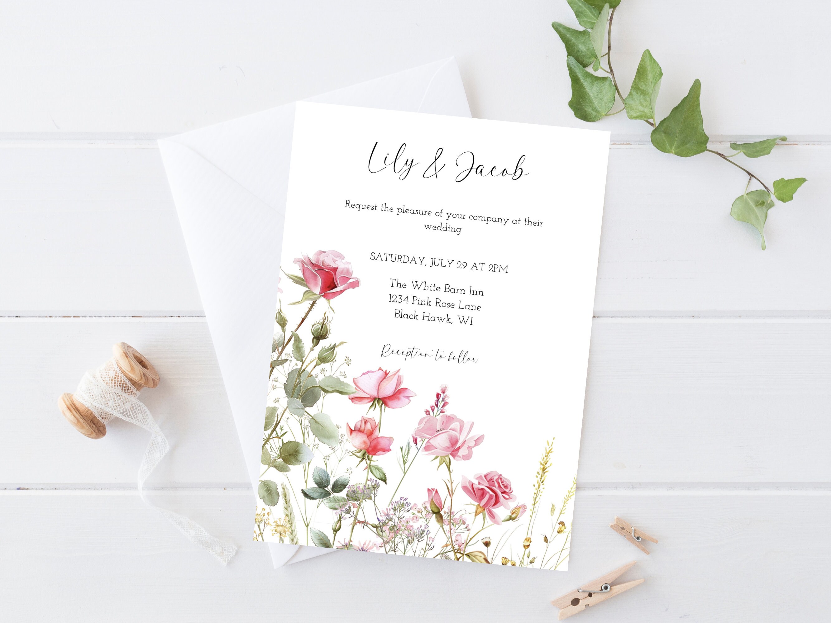 Wild Roses Wedding Invitation, Printable Outdoor Wedding Invitation ...