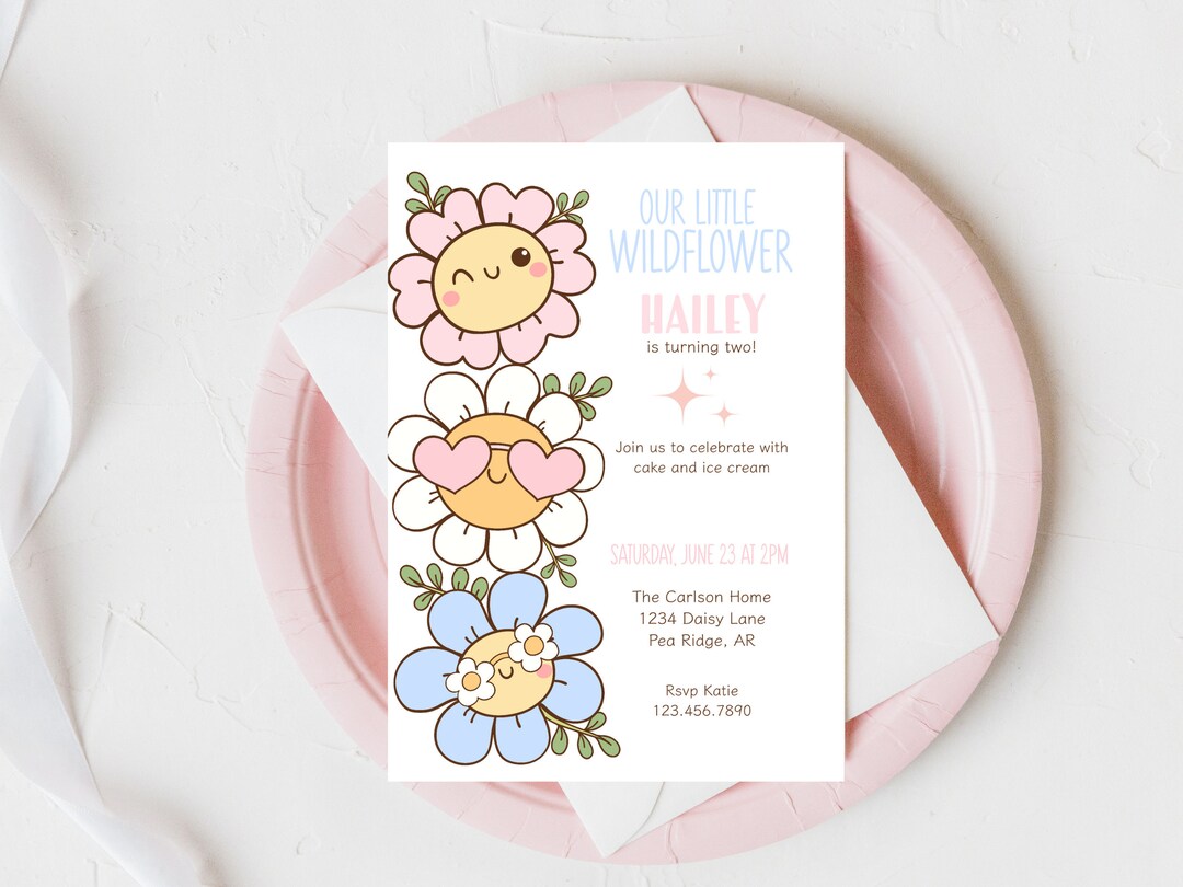 Cute Kawaii Wildflower Birthday Invite, Editable Flowers Girl Birthday ...