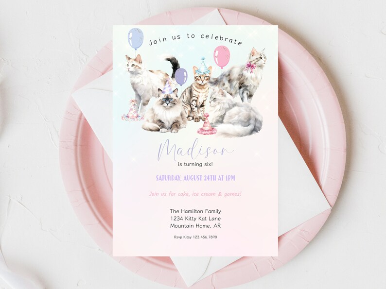 Cats Birthday Party Invitation, Printable Party Cats Birthday ...