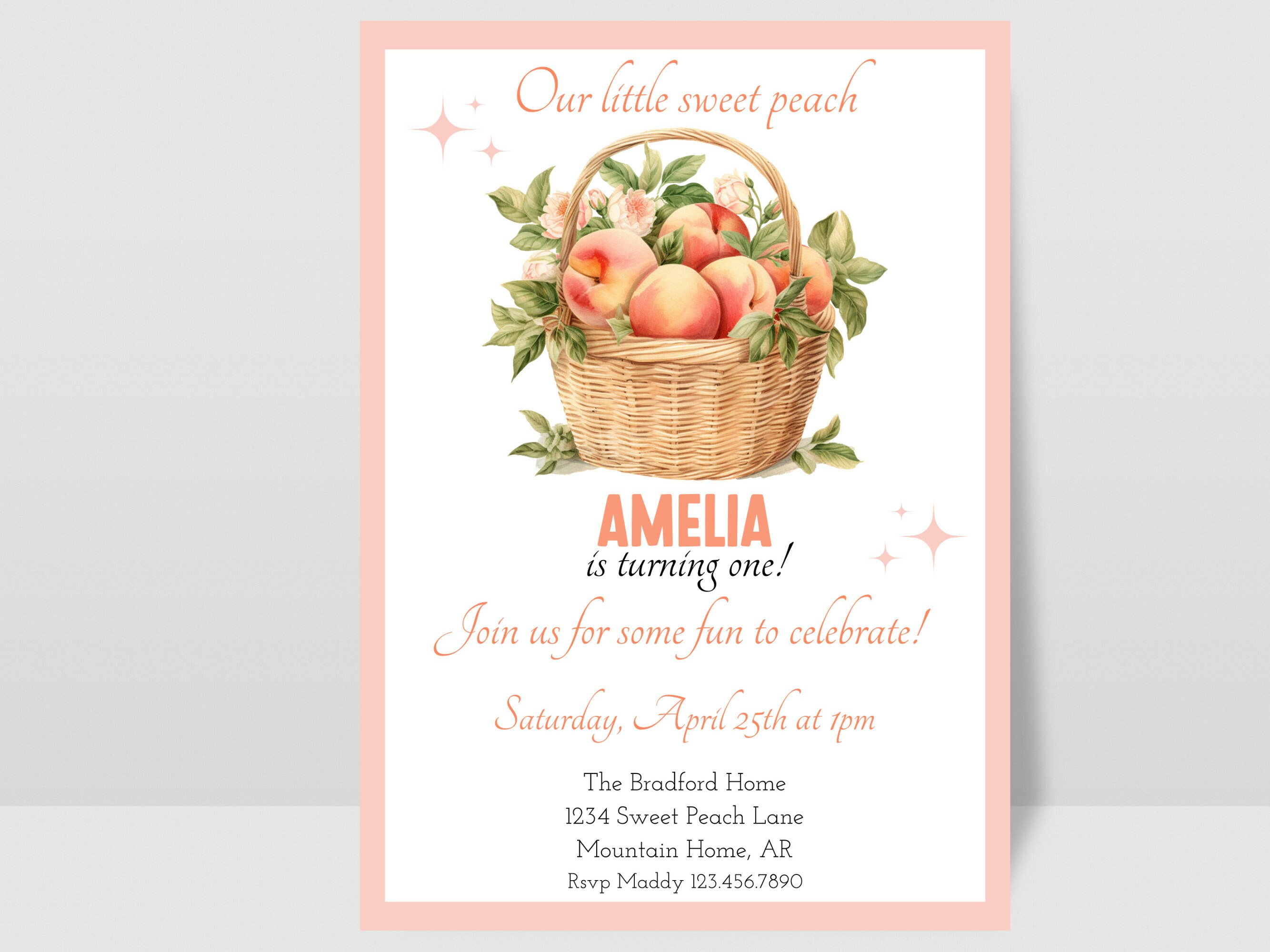 Sweet Peach 1st Birthday Invitation, Editable Little Peach Birthday ...