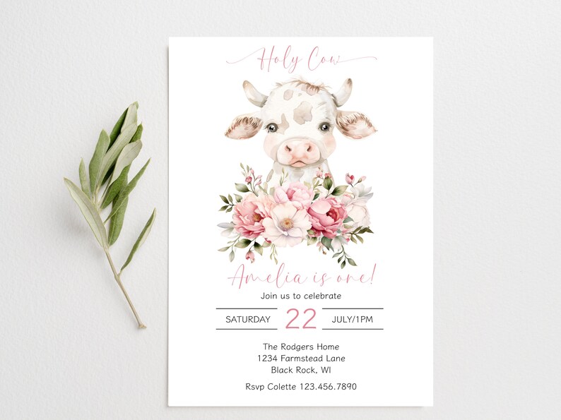 Holy Cow Theme Birthday Invitation, Printable Cute Baby Cow 1st ...