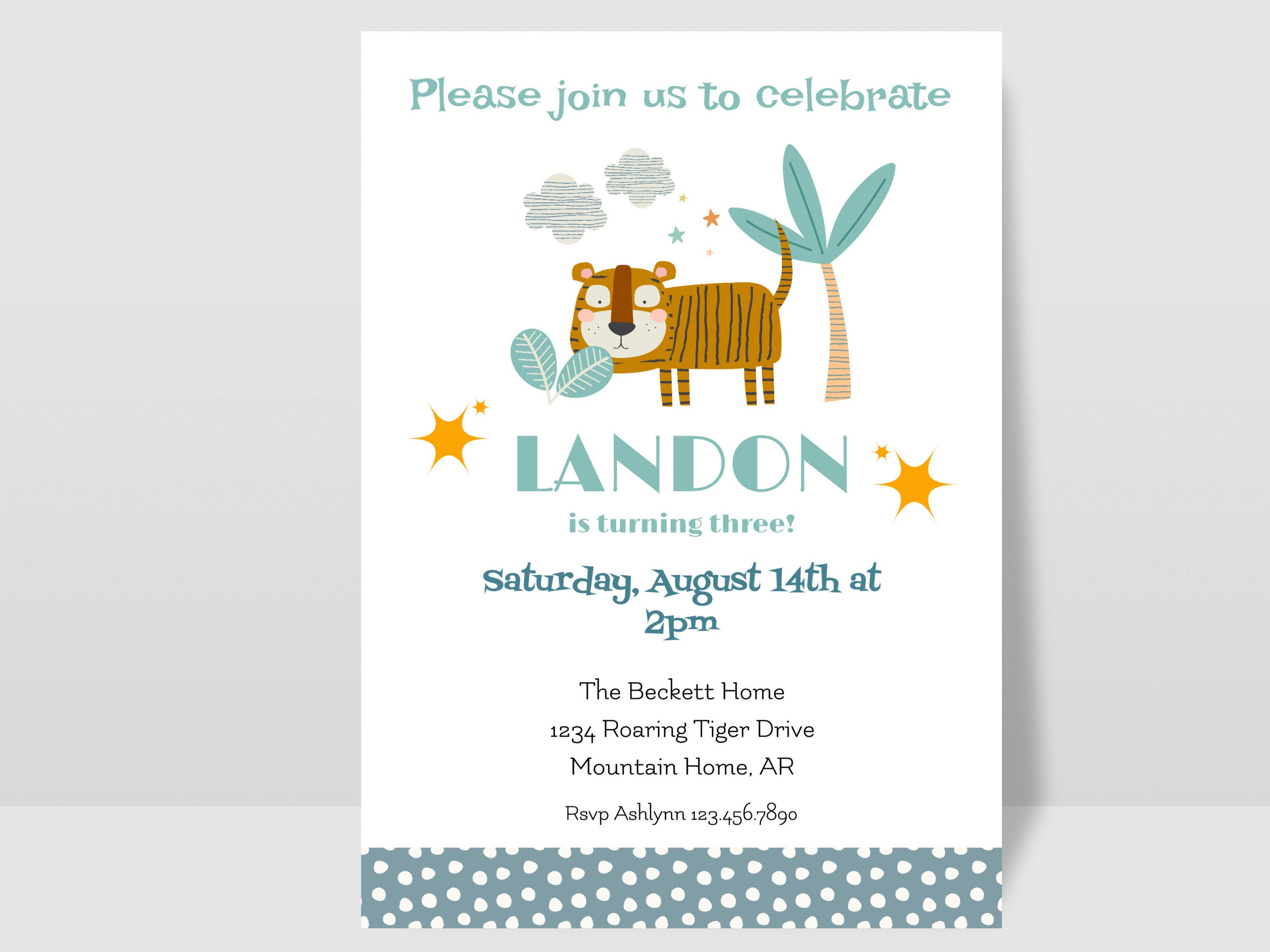 Tiger Editable Birthday Party Invite, Cute Jungle Tiger Birthday Party ...