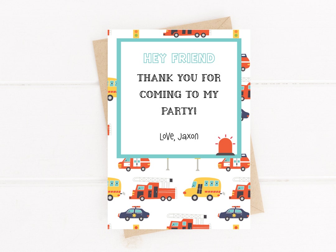 Editable Fire Engine Birthday Thank You Card, Printable Thank You Note ...