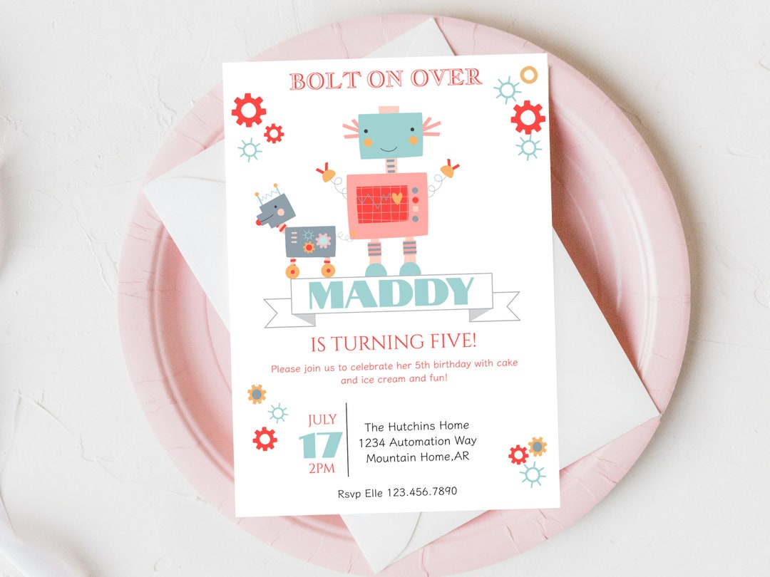 Cute Robot Birthday Party Invitation, Girl Robot Theme Birthday ...