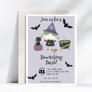 Little Witch Halloween Party Invite, Witches Cauldron & Cat Theme ...