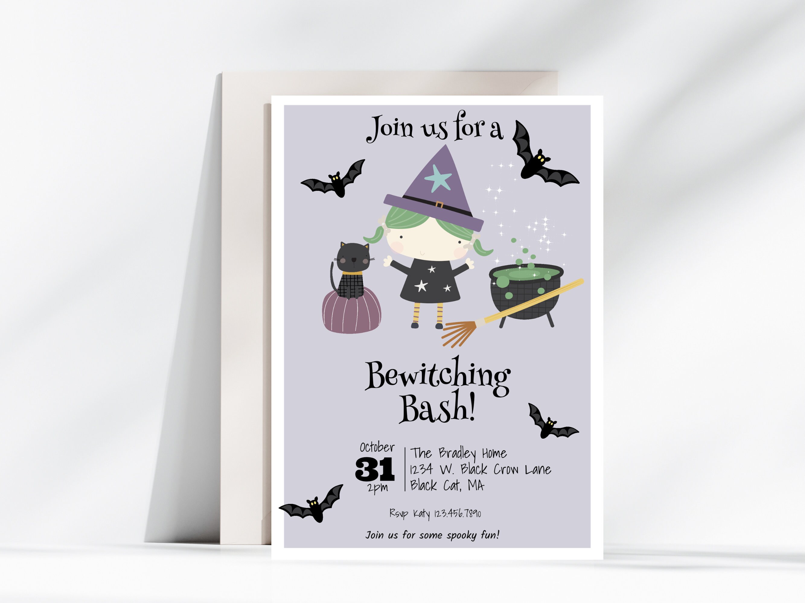 Little Witch Halloween Party Invite, Witches Cauldron & Cat Theme ...