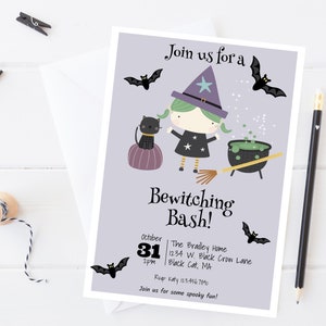 Little Witch Halloween Party Invite, Witches Cauldron & Cat Theme ...