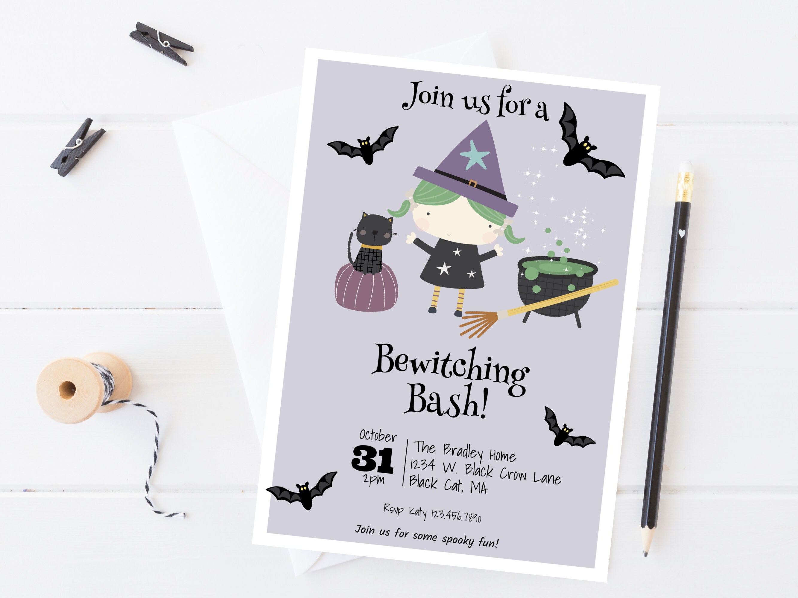 Little Witch Halloween Party Invite, Witches Cauldron & Cat Theme ...