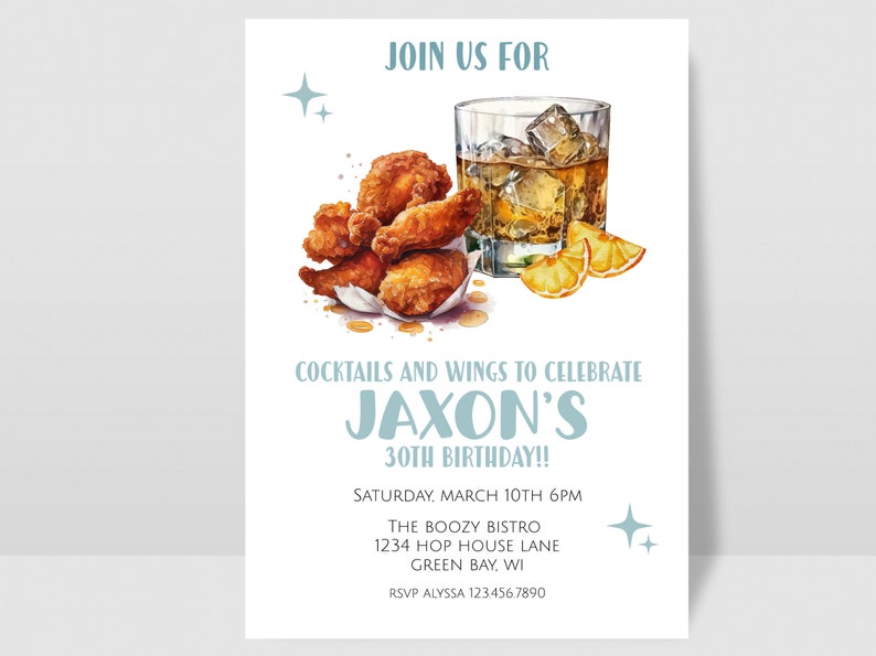 Whiskey & Wings Birthday Invitation, Printable Cocktail Birthday Party ...