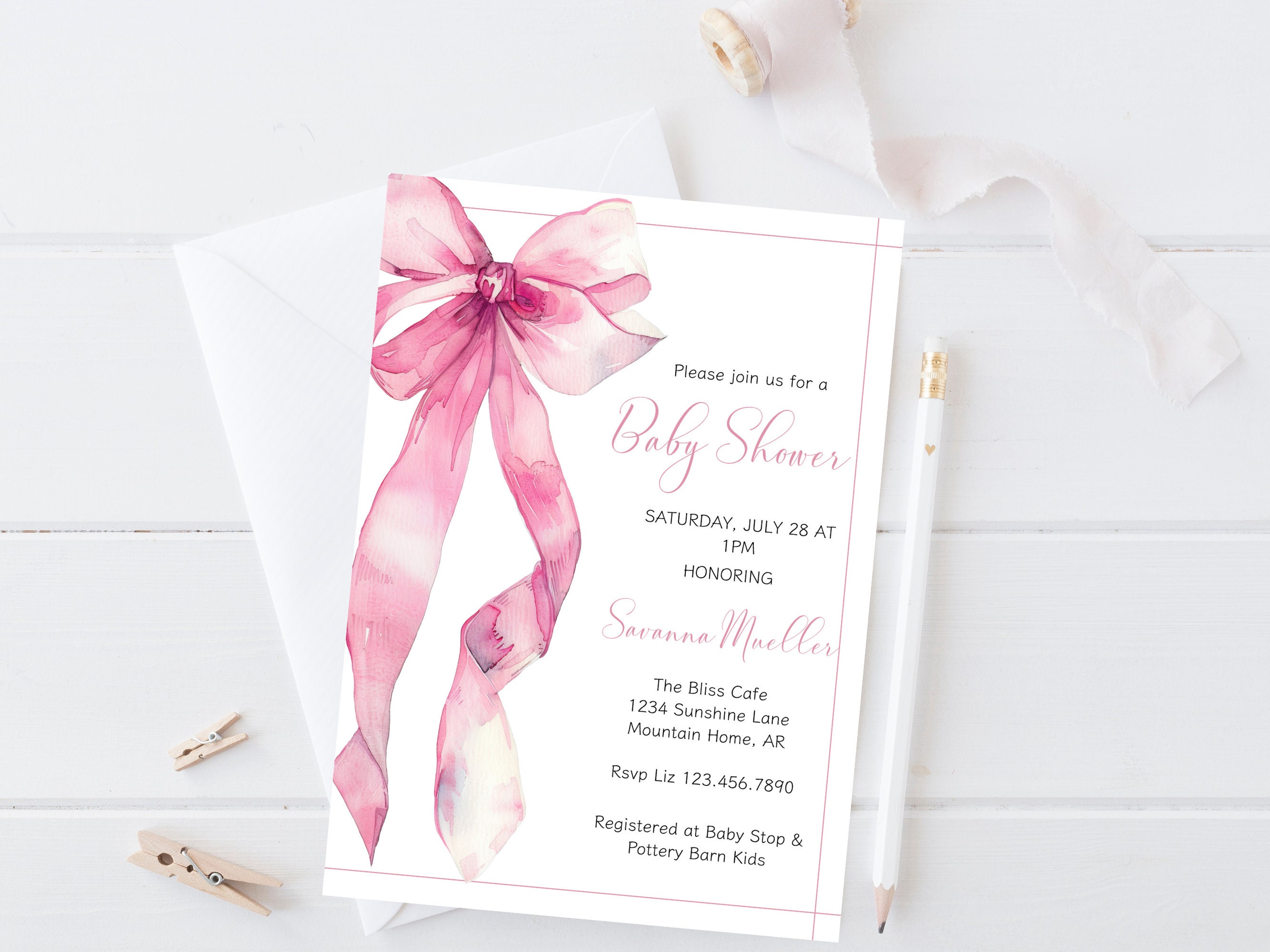Pink Bow Baby Shower Invitation, Printable Baby Girl Shower Invite ...