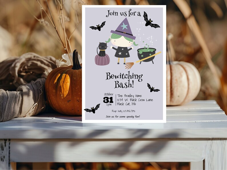 Little Witch Halloween Party Invite, Witches Cauldron & Cat Theme ...