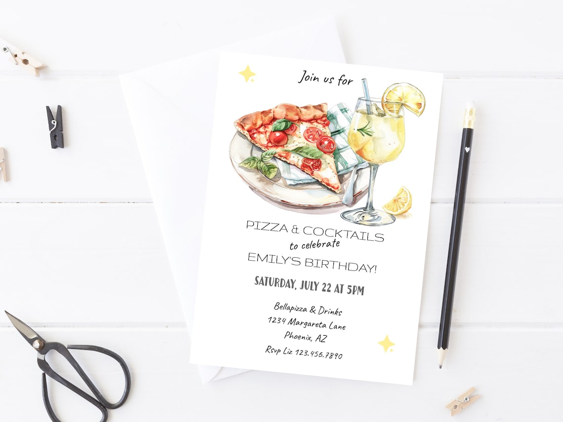 Pizza Party Invitation, Printable Pizza & Cocktails Birthday Invite ...