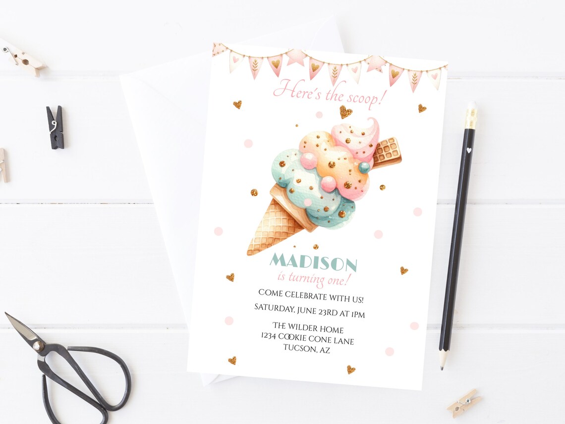 Ice Cream Cone Birthday Invite, Editable Ice Cream Party Invitation ...