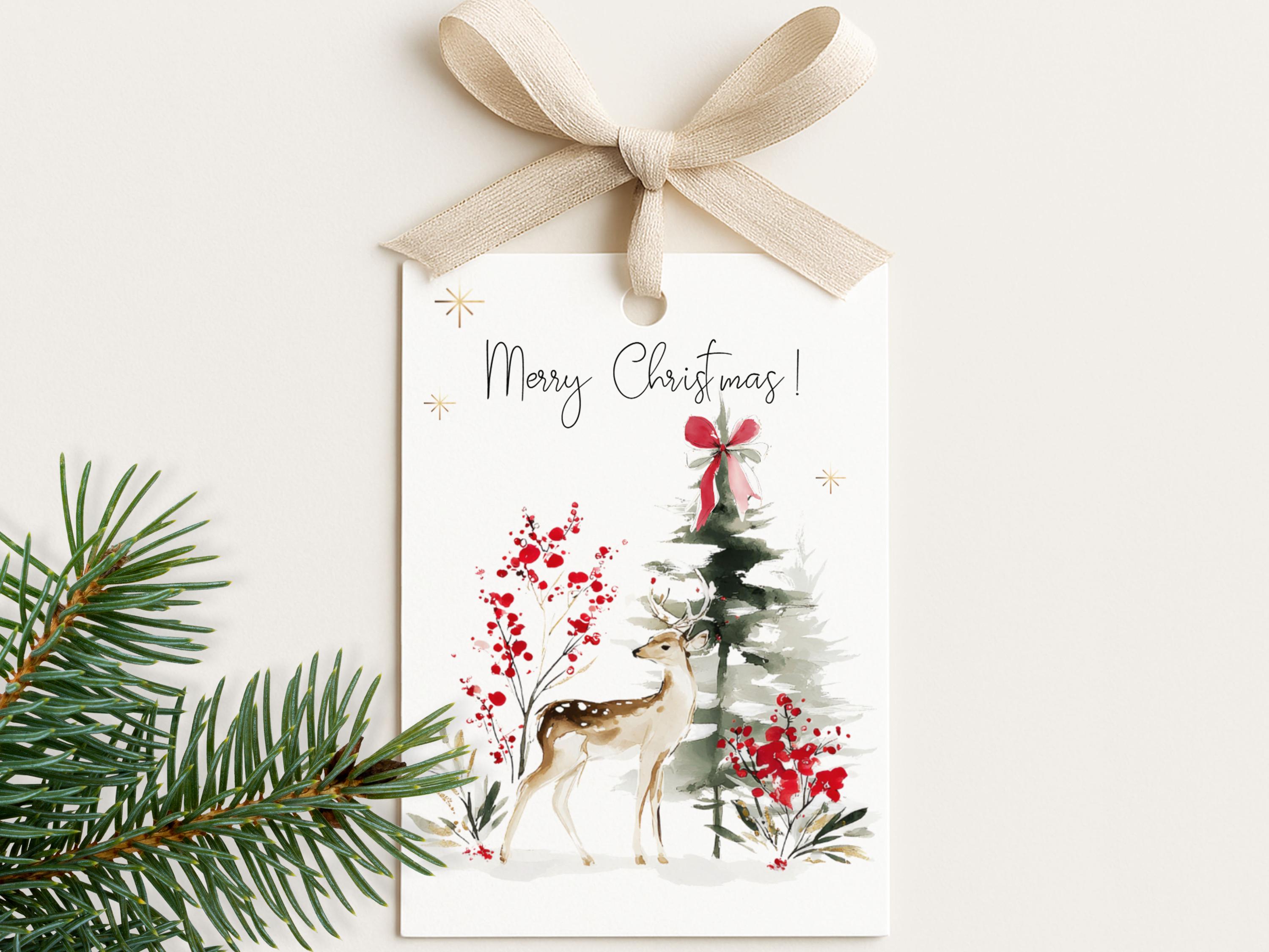 Christmas Deer Gift Tag, Holiday Favor Tag, Woodland Watercolor Tag ...