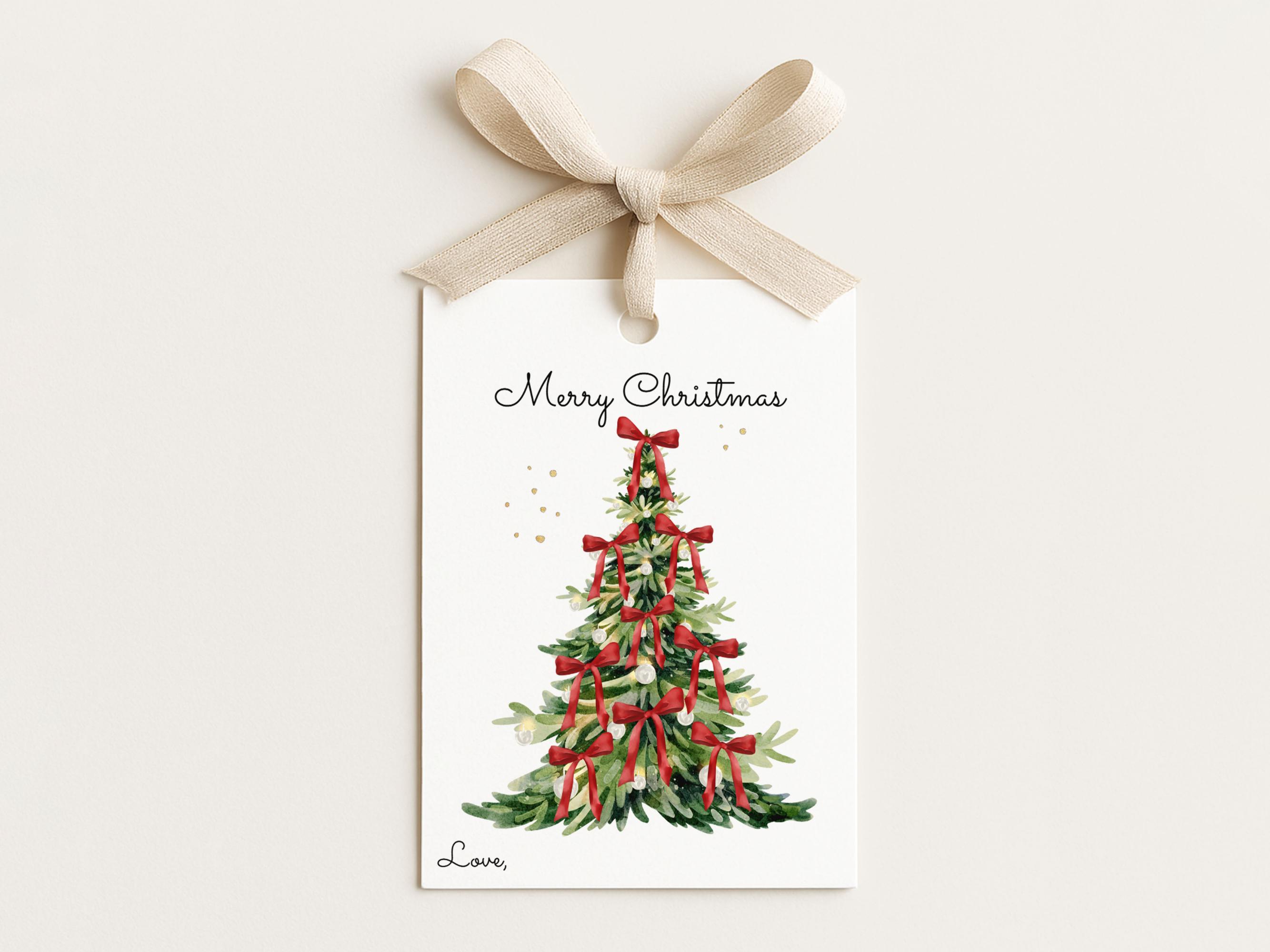 Red Bow Christmas Tree Gift Tag, Holiday Favor Tags, Christmas Gift Tag ...