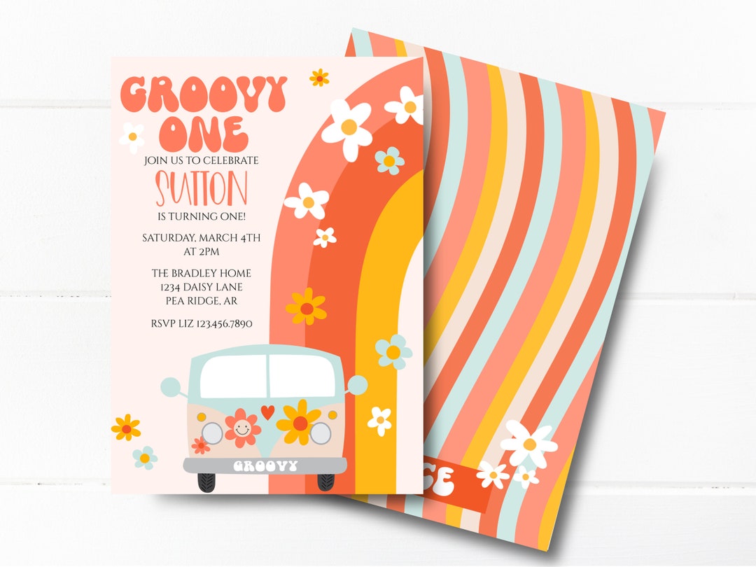 Retro Theme Groovy One Birthday Party Invitation, Editable Hippie Party ...