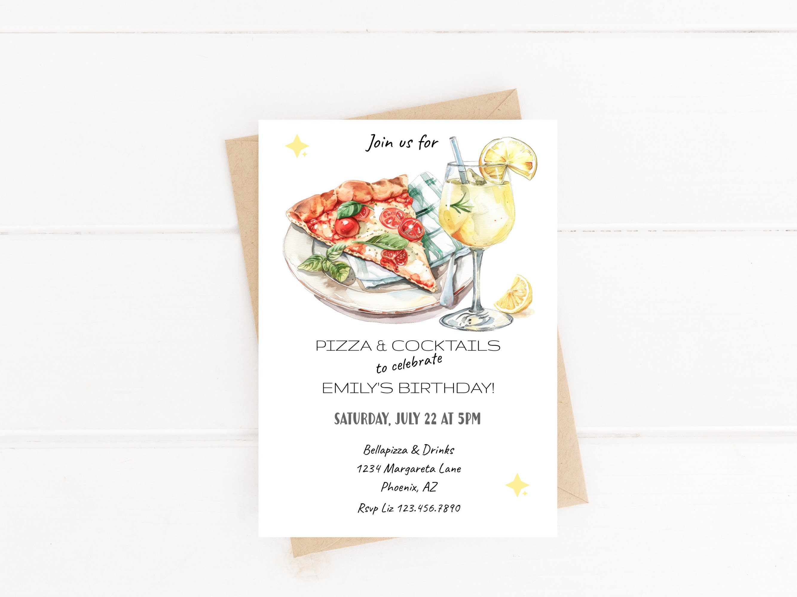 Pizza Party Invitation, Printable Pizza & Cocktails Birthday Invite ...