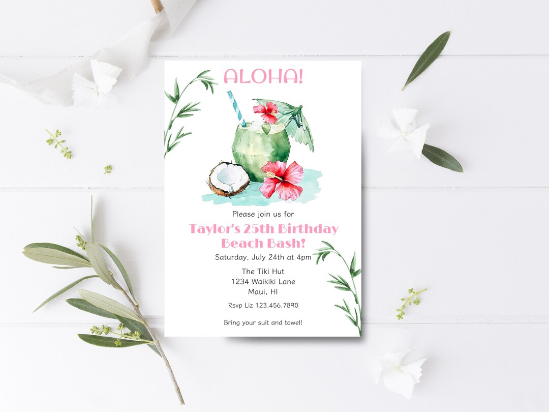 Tropical Cocktail Birthday Invitation, Editable Tropical Summer ...