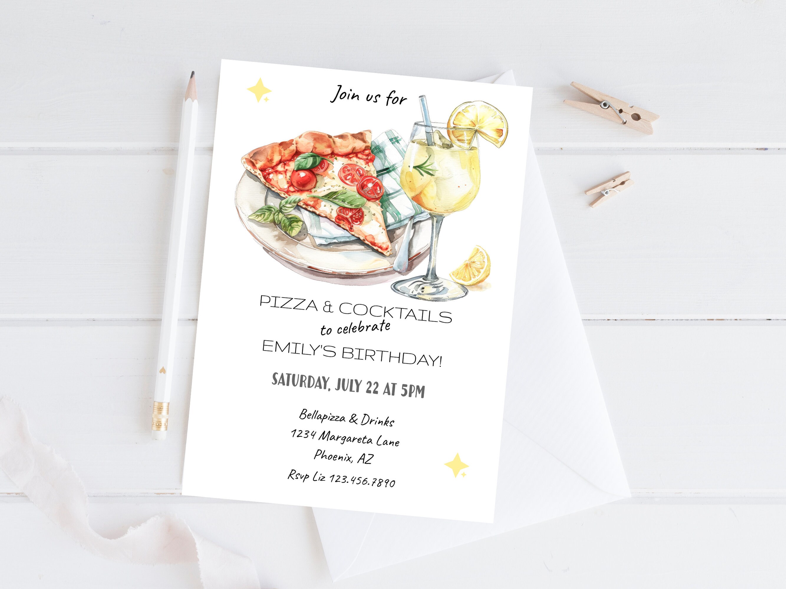 Pizza Party Invitation, Printable Pizza & Cocktails Birthday Invite ...
