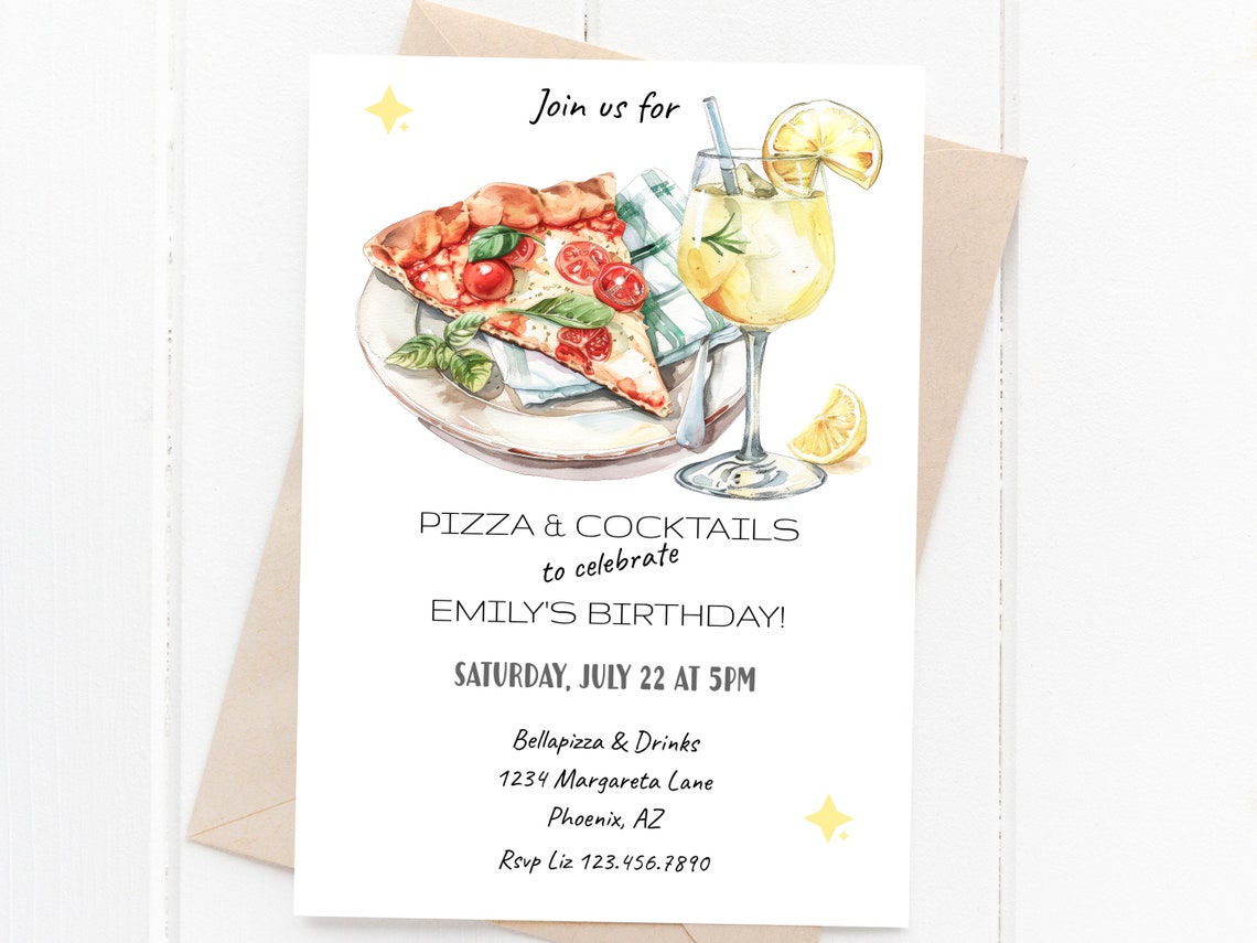 Pizza Party Invitation, Printable Pizza & Cocktails Birthday Invite ...