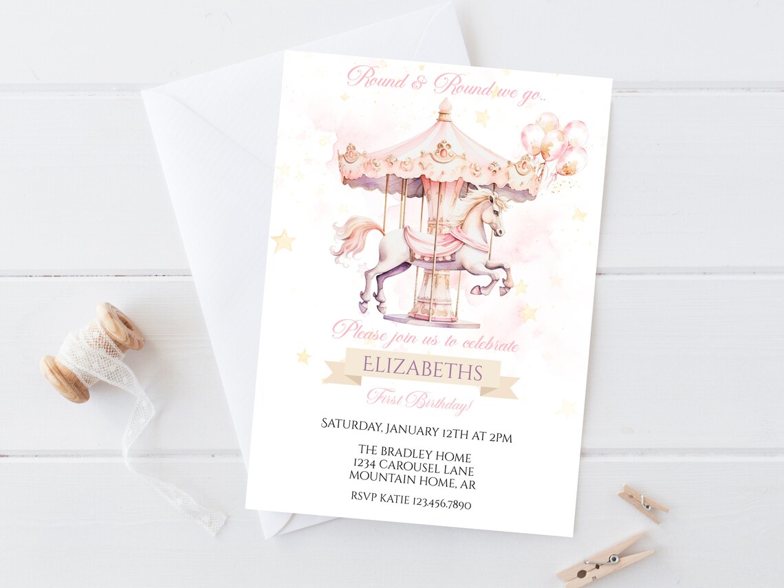 Carousel Birthday Party Invitation, Carousel Pony Girls First Birthday ...
