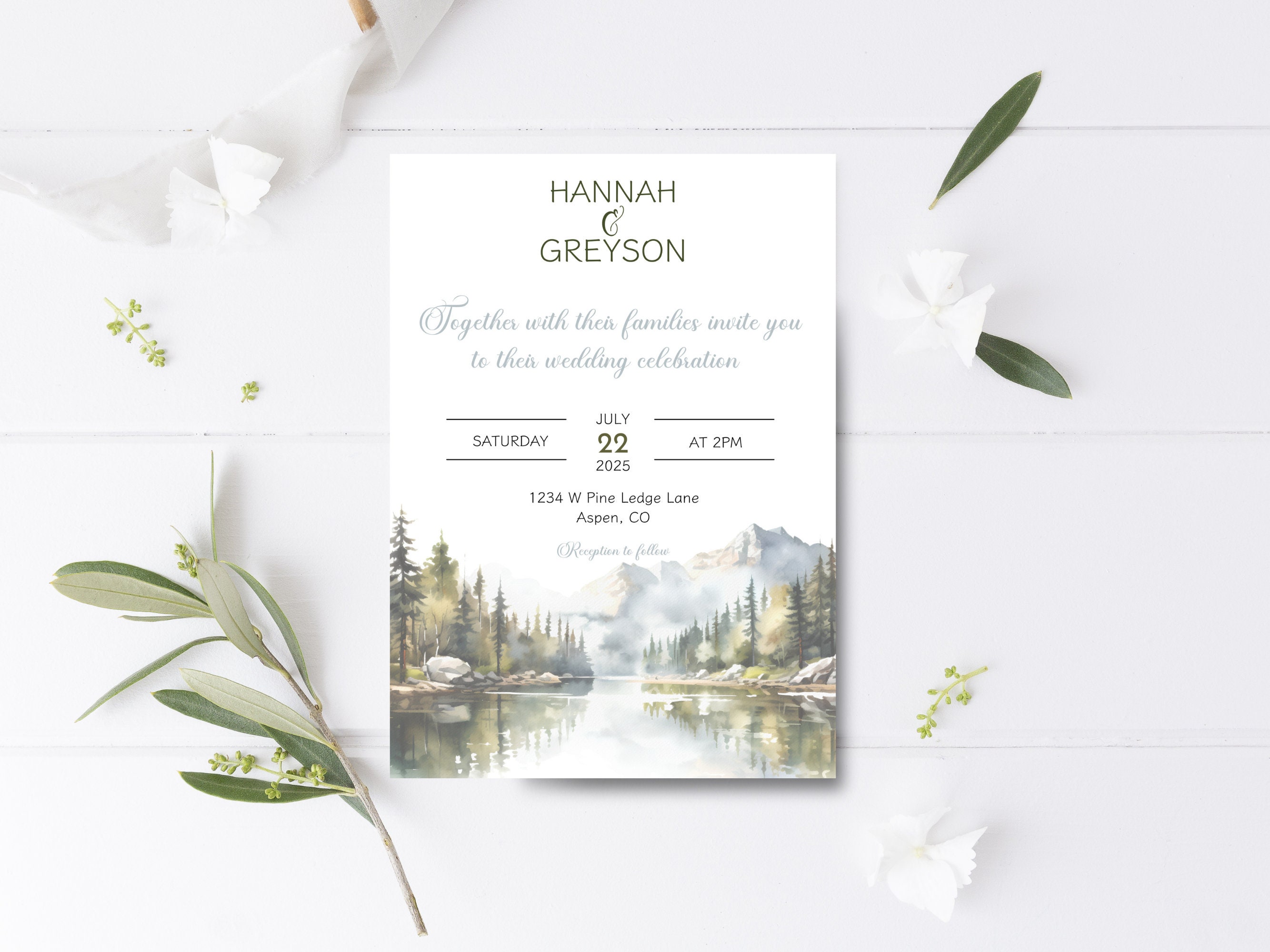 Mountain Wedding Invitation, Editable Serene Outdoor Mountain Wedding ...