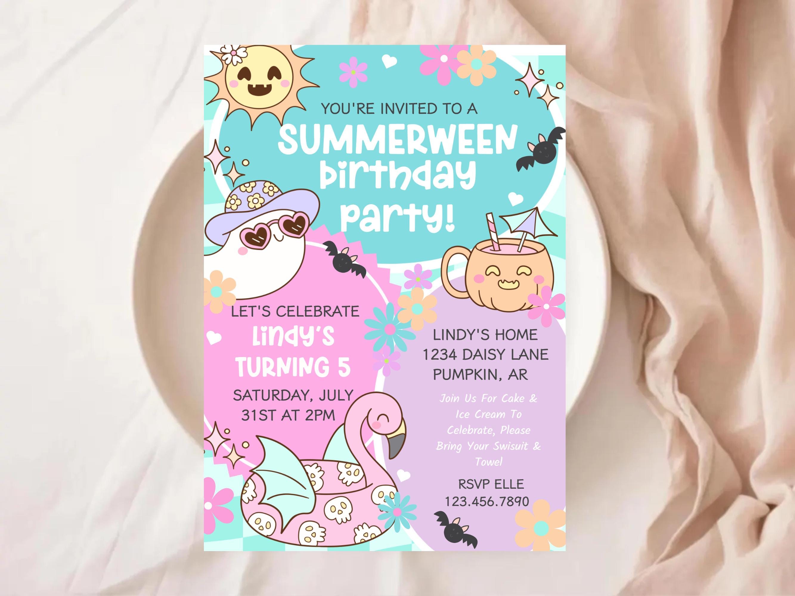 Summerween Birthday Party Invitation, Groovy Ghost Summer Pool Party ...