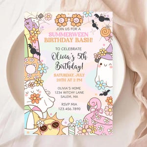 Summerween Birthday Invitation, Spooky Cute Kids Pool Party Invite ...