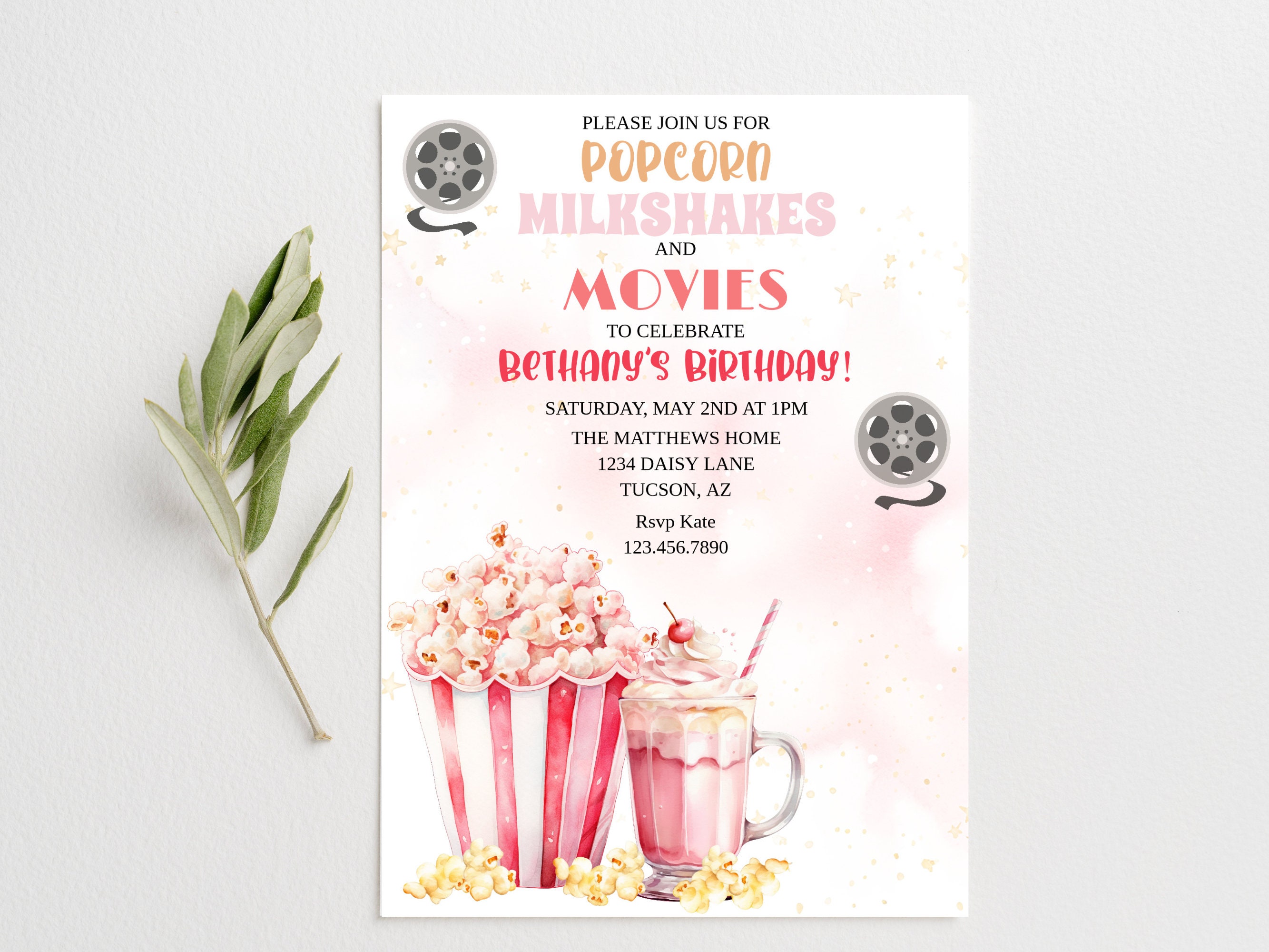 Popcorn and Movie Birthday Invitation, Movie Sleepover Birthday Invite ...