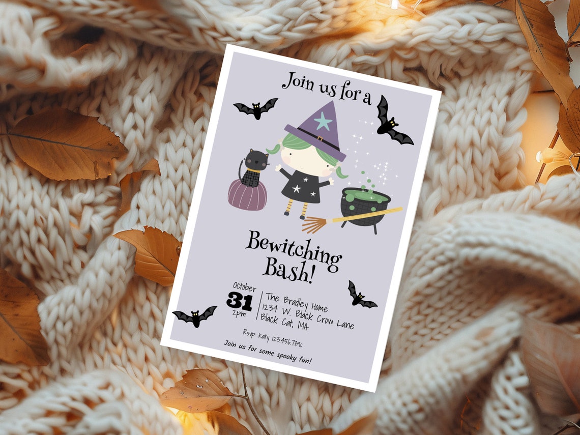 Little Witch Halloween Party Invite, Witches Cauldron & Cat Theme ...