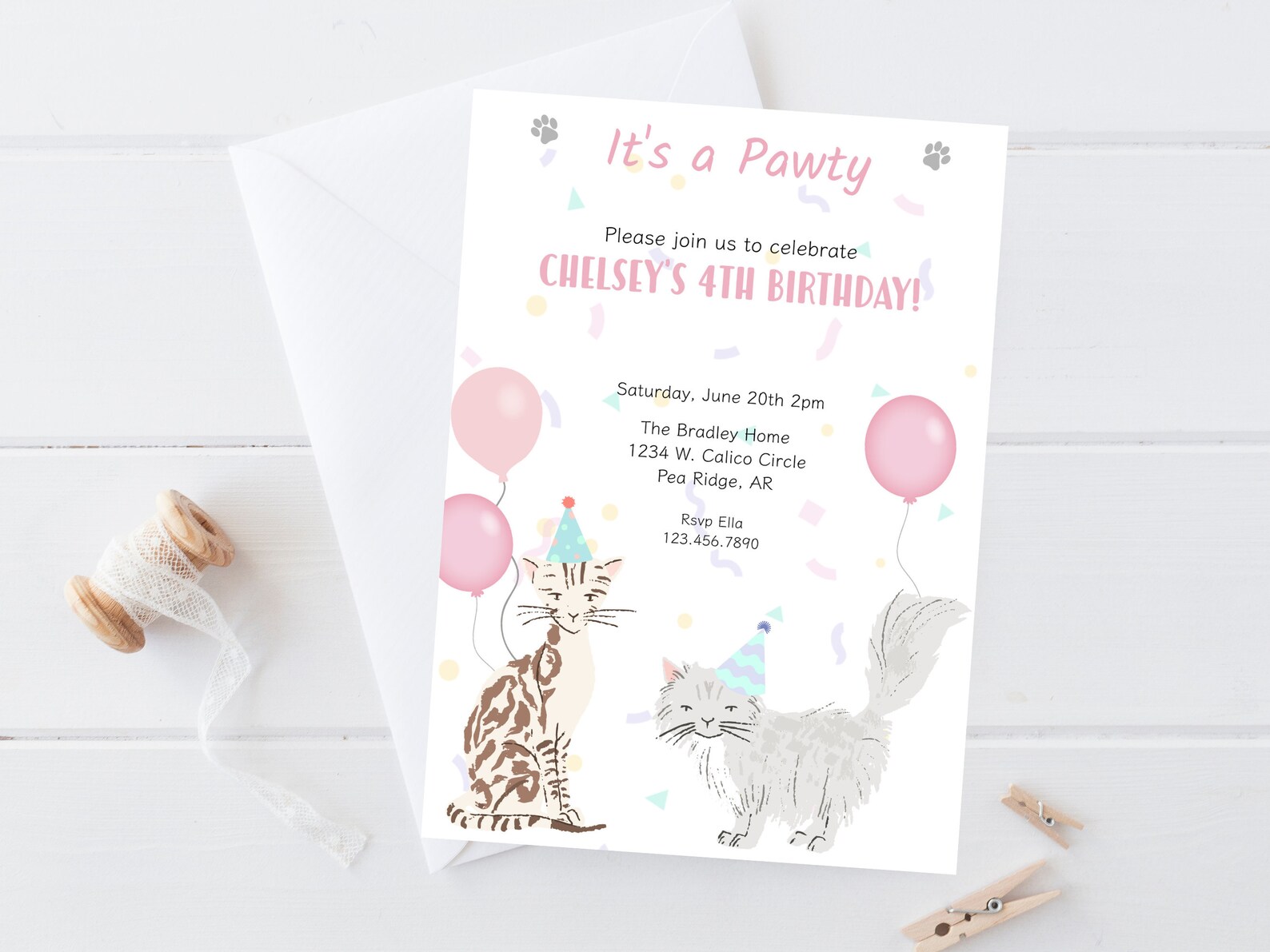 Cats Birthday Party Invite, Printable Cute Kitties Birthday Invite ...