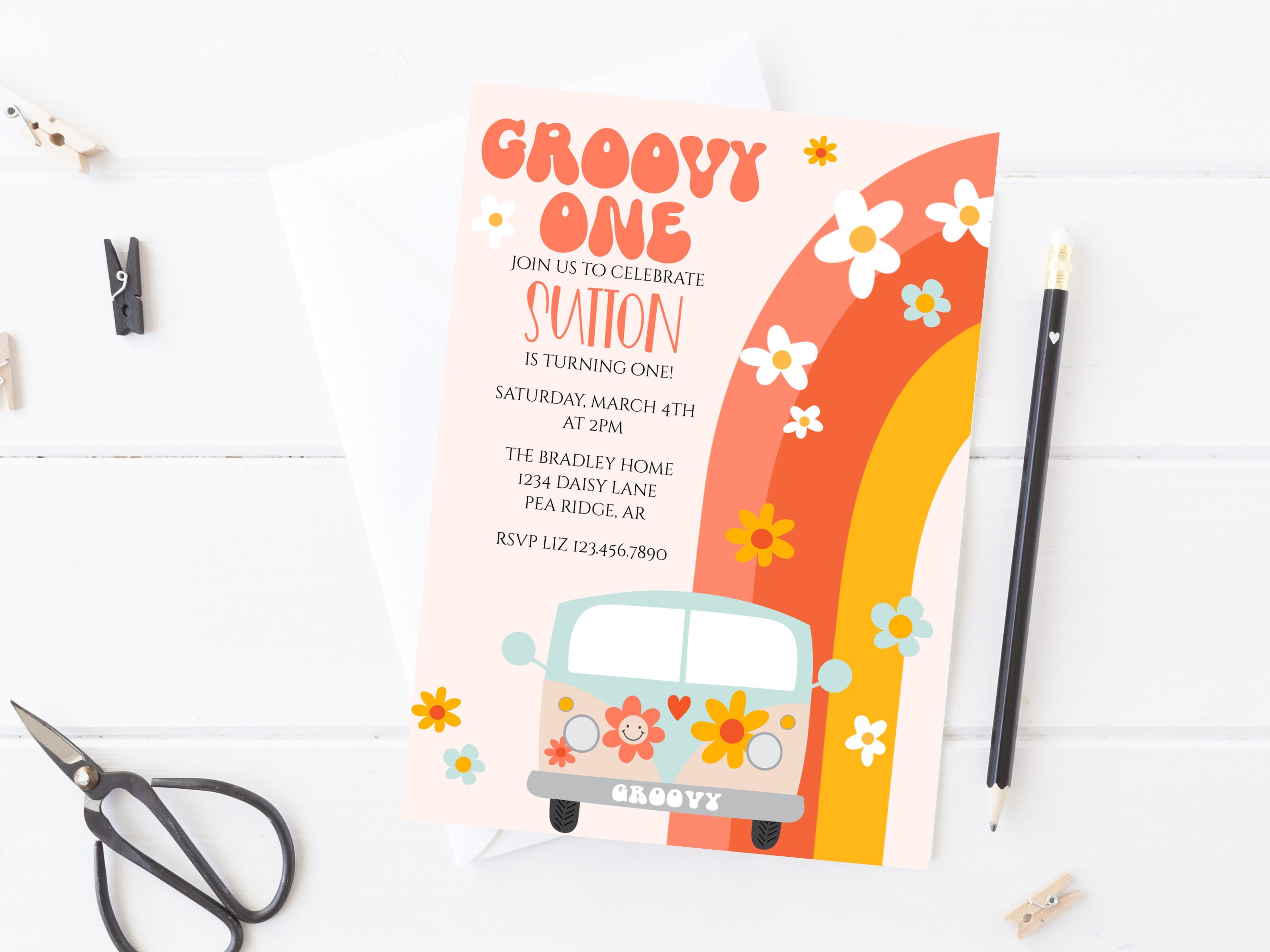 Retro Theme Groovy One Birthday Party Invitation, Editable Hippie Party ...