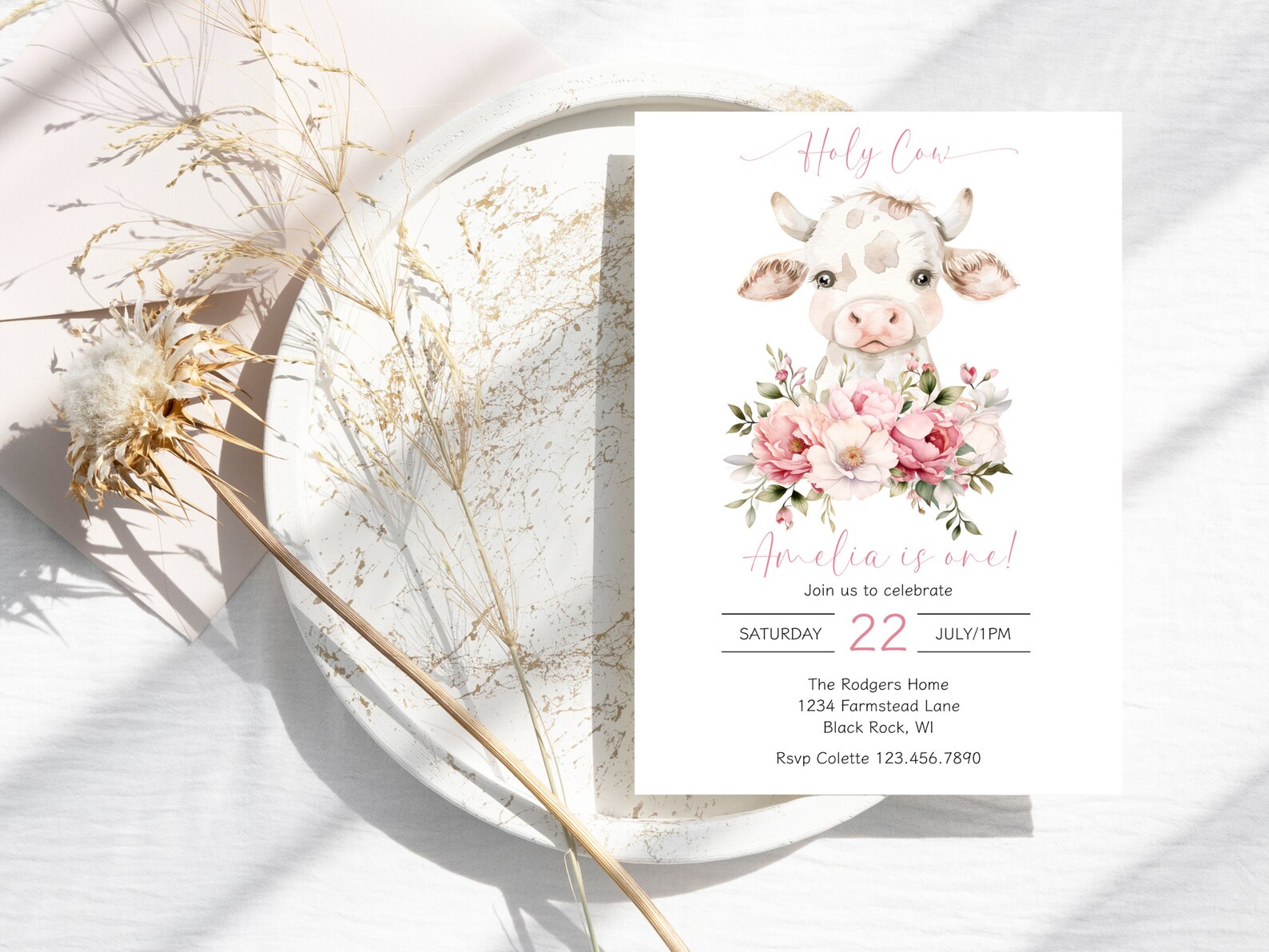 Holy Cow Theme Birthday Invitation, Printable Cute Baby Cow 1st ...