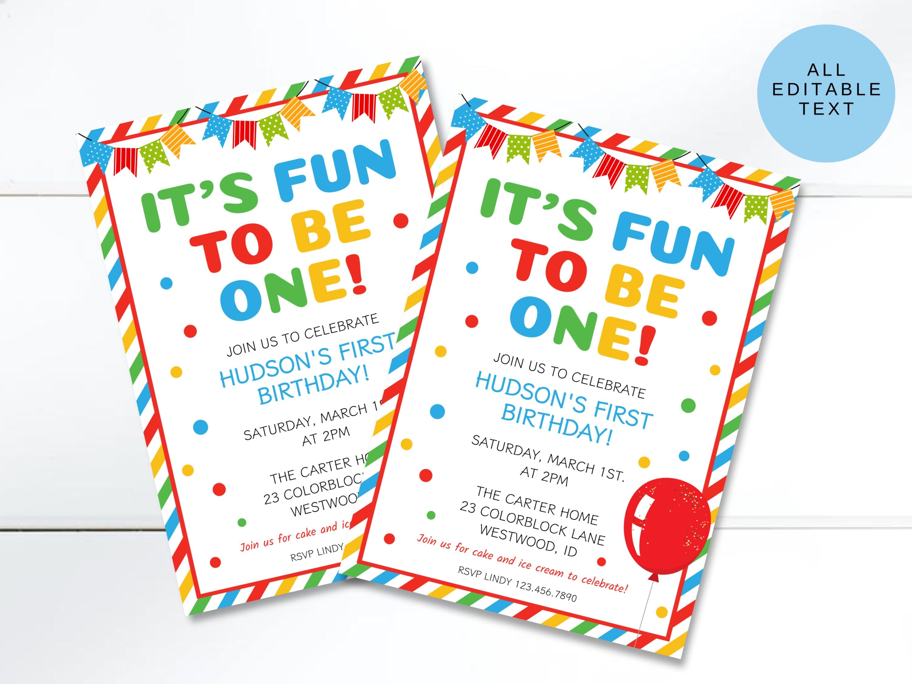 Fun to Be One Birthday Invitation, Colorful First Birthday Invitation ...
