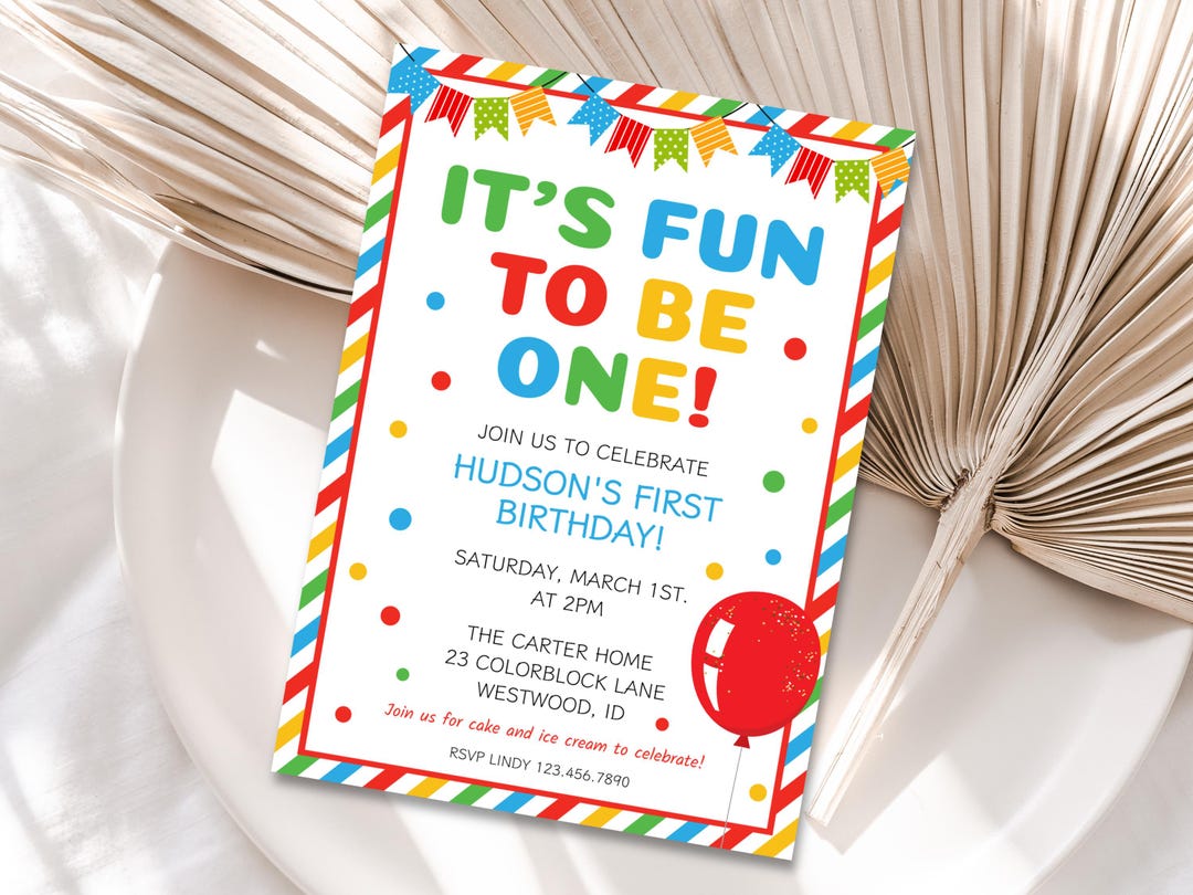 Fun to Be One Birthday Invitation, Colorful First Birthday Invitation ...