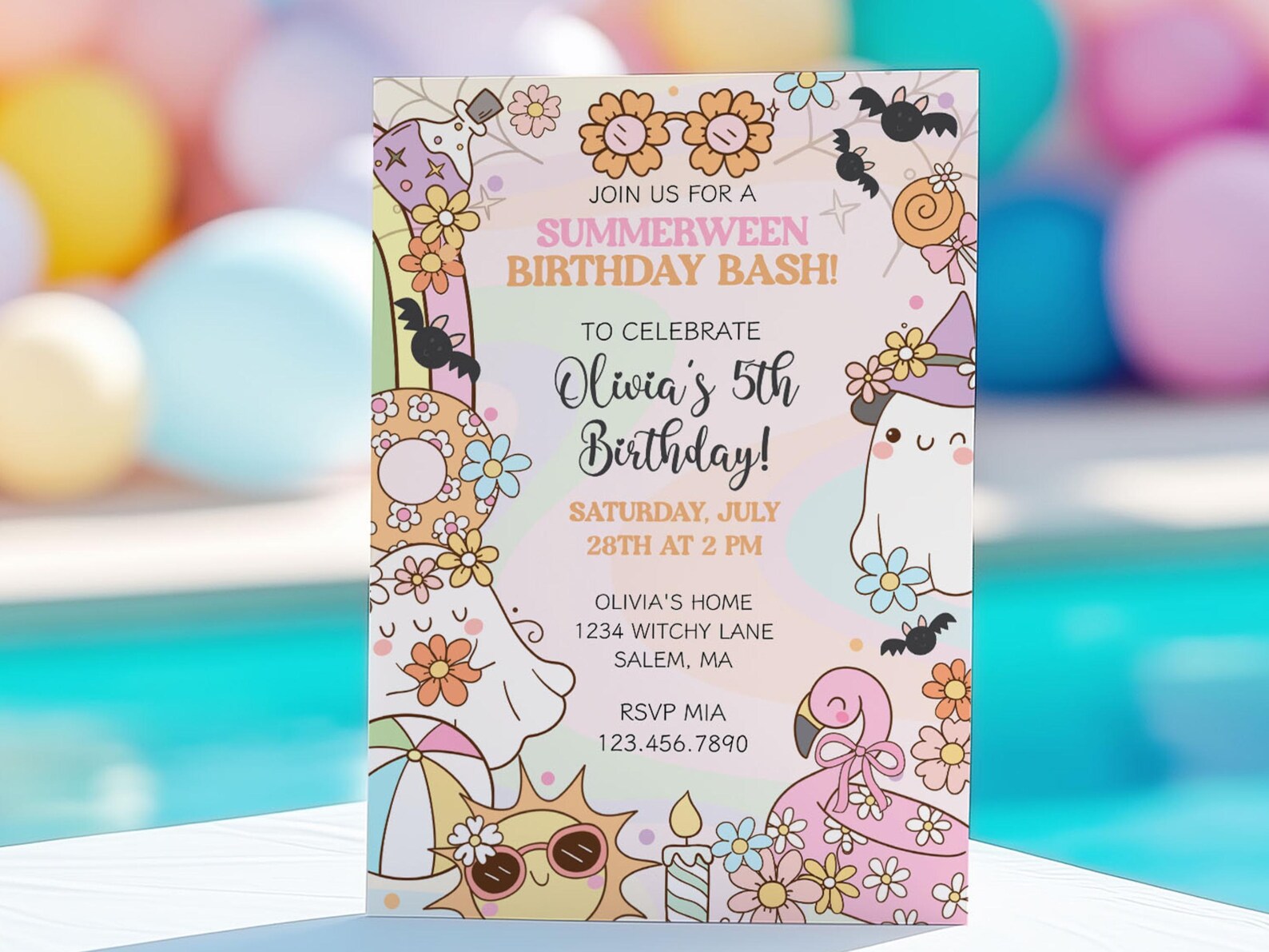 Summerween Birthday Invitation, Spooky Cute Kids Pool Party Invite ...