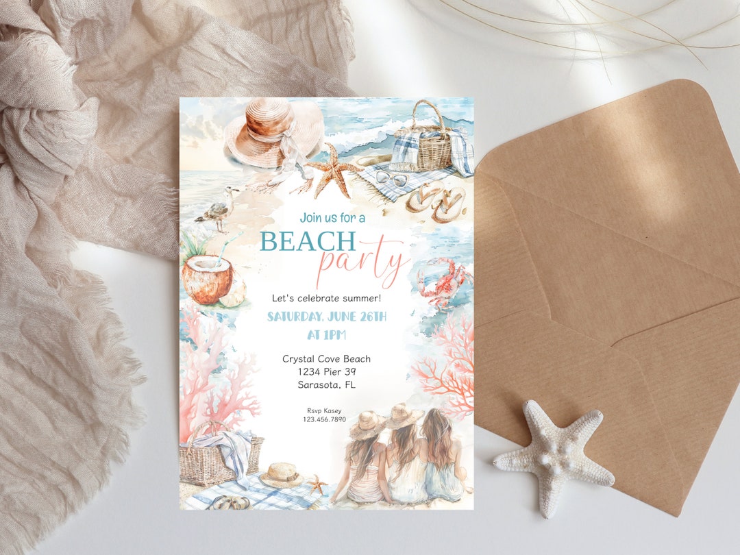 Beach Party Invitation, Printable Beach Picnic Invitation, Editable ...