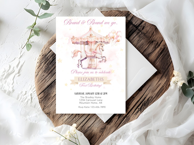 Carousel Birthday Party Invitation, Carousel Pony Girls First Birthday ...