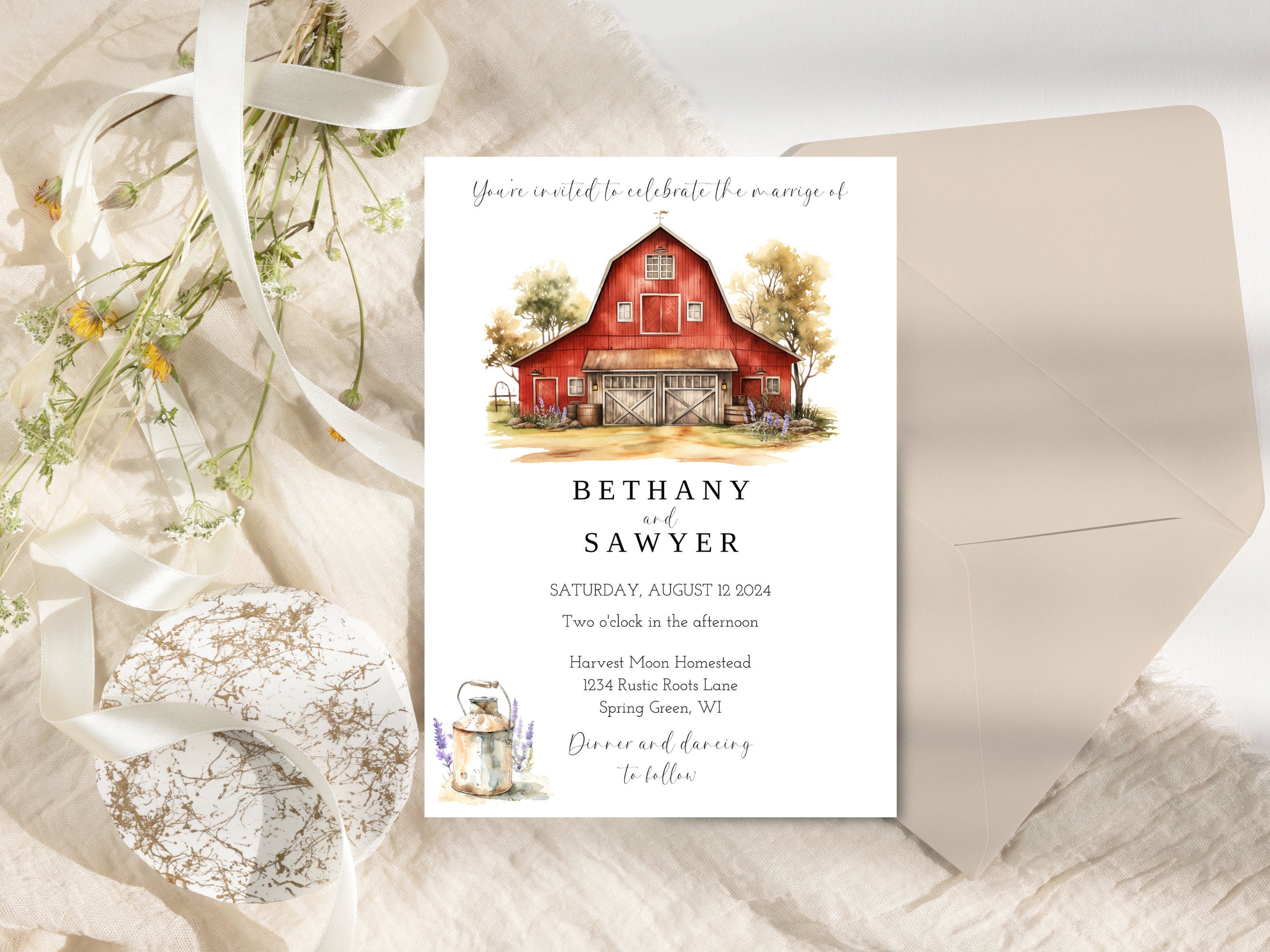 Rustic Barn Wedding Invitation, Editable Farm Wedding Invite, Printable Rustic Red Barn Wedding ...